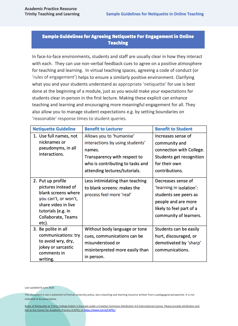 Sample Guidelines for Agreeing Netiquette For Engagement in Online ...