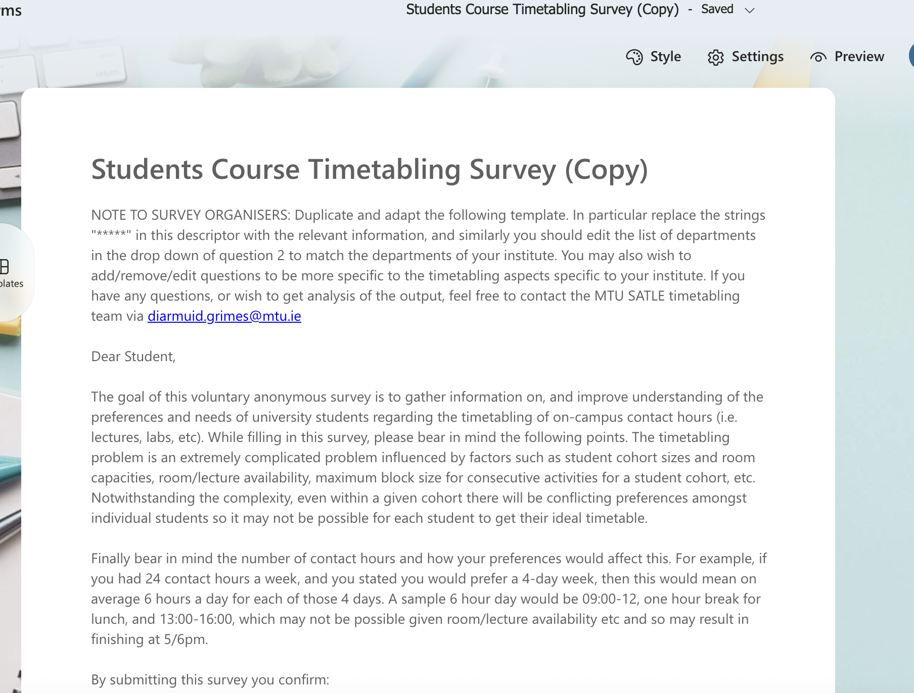 Student Timetabling Survey Template - National Resource Hub